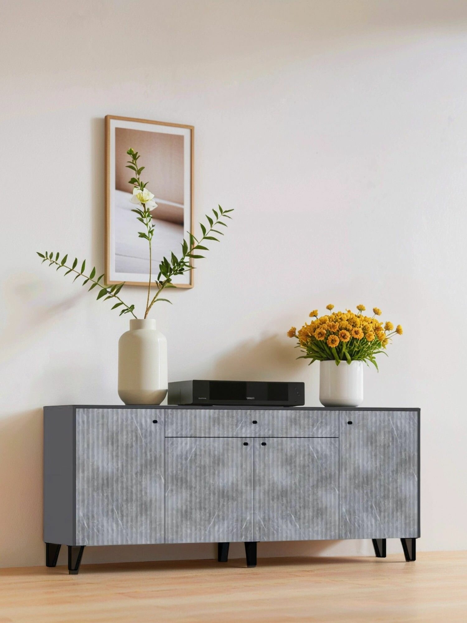 Комод МиФ "Оливия", ЛДСП и МДФ, современный стиль, мраморный глянец, серый, 200 см x 83 см x 42,6 см