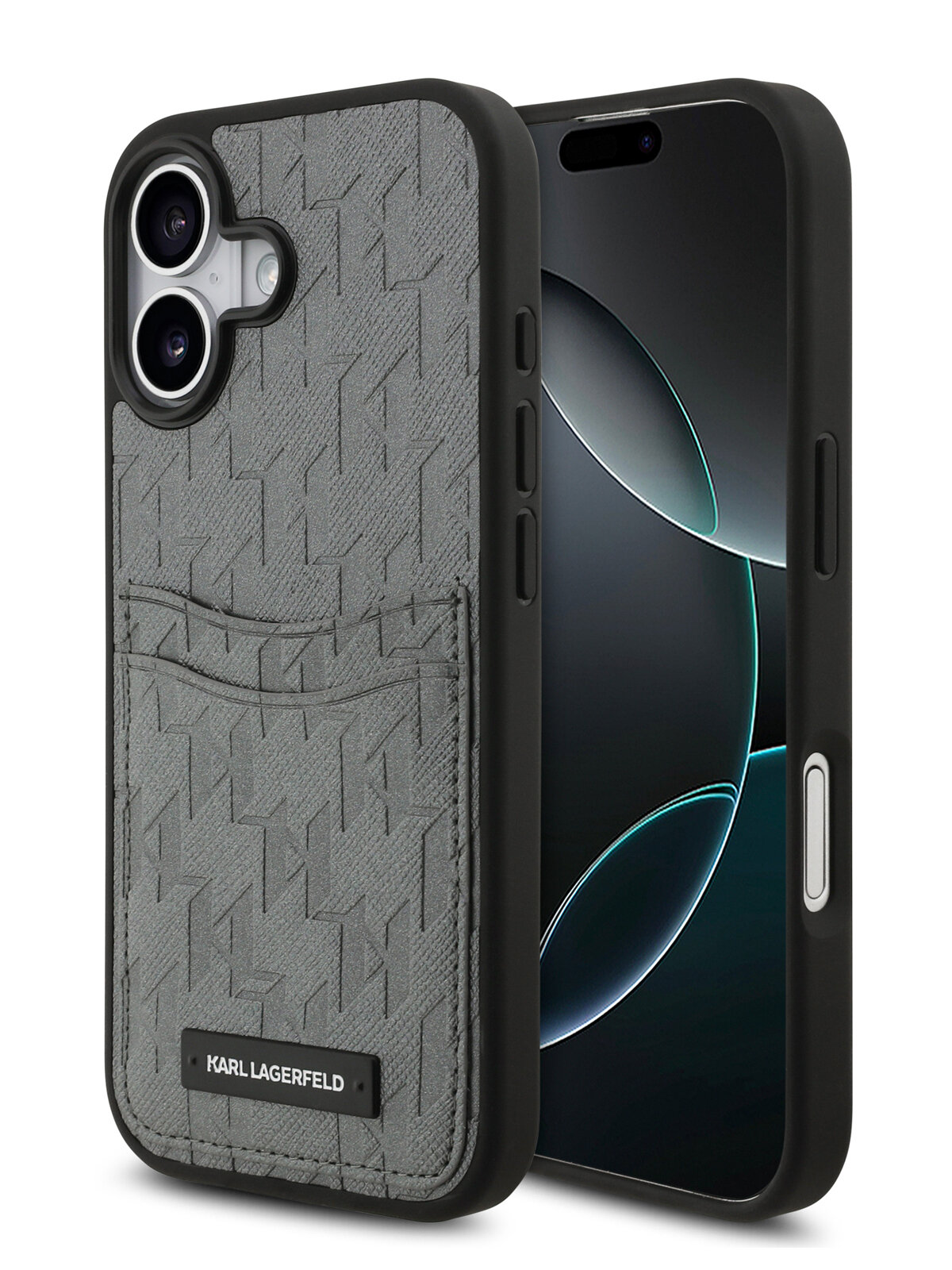 Чехол Karl Lagerfeld на iPhone 17, с картхолдером, из экокожи PU Saffiano, серебристый