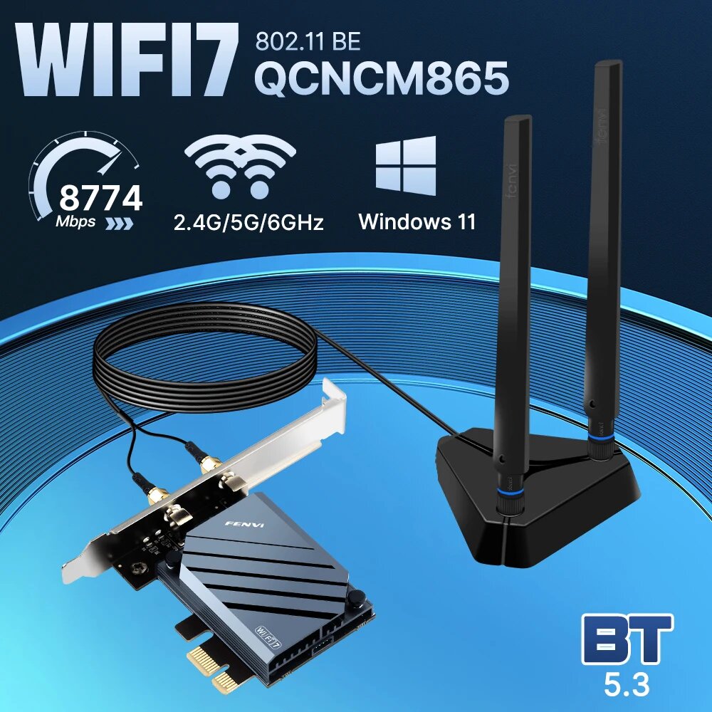 FENVI WiFi 7 PCIE Wi-Fi адаптер QCNCM865, трехдиапазонный 2,4G/5G/6G Bluetooth 5,3 Wi-Fi 7 карт, удлинительная антенна для Windows 11