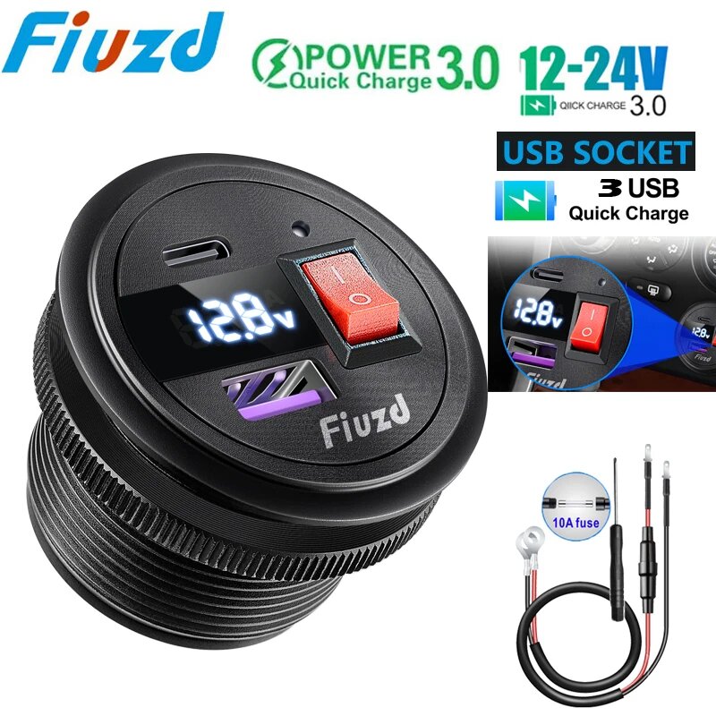 Автомобильное зарядное устройство QC3.0, двойной USB-разъем прикуривателя с переключателем вольтметра, адаптер для быстрой зарядки 12/24 В, автомобильные аксессуары, APC