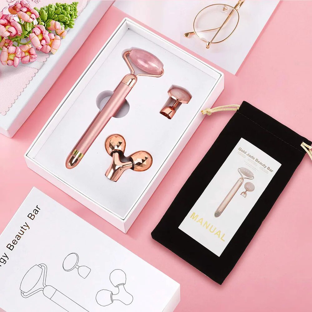 Электрический роллер и массажер для лица 3 в 1, розовый кварц, нефритовый массажер для лица, инструменты для ухода за лицом, массажер для глаз и 3d-массажер для лица, головы, рук, шеи, Rose with box