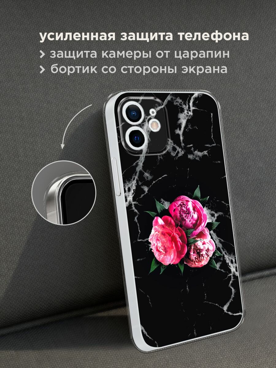 Чехол на Apple iPhone 12 mini / Айфон 12 Мини с принтом "Букет на черном мраморе" — фото 1