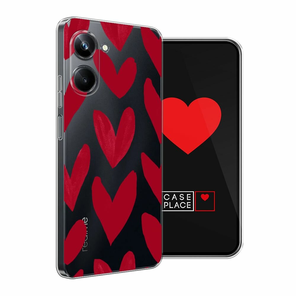 Чехол на Realme 10 Pro / Реалми 10 Про с принтом "Красные сердечки рисунок - 14 февраля", прозрачный — фото 1