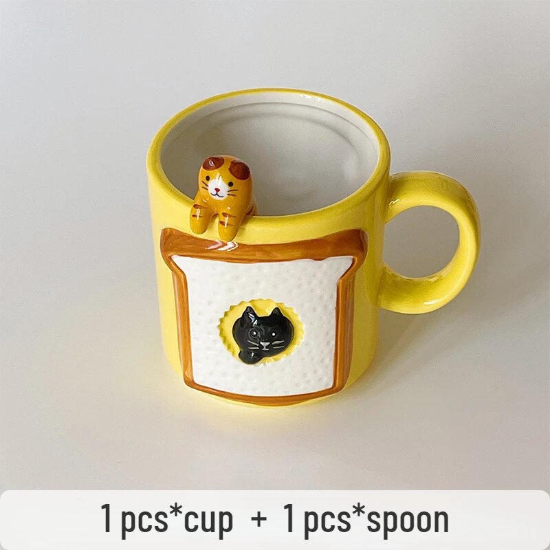 Японские Мультяшные керамические кофейные чашки, чашка с милым котом, индивидуальный подарок, домашние Мультяшные, кавайные, на завтрак, кружки для молока и овса, yellow-spoon, 400ml
