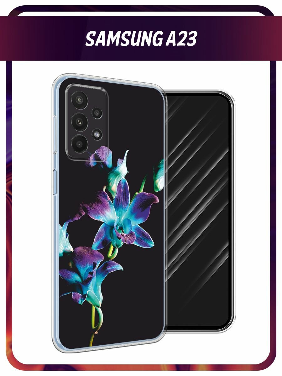 Чехол на Samsung Galaxy A23 / Самсунг Галакси А23 с принтом "Синий цветок на черном"