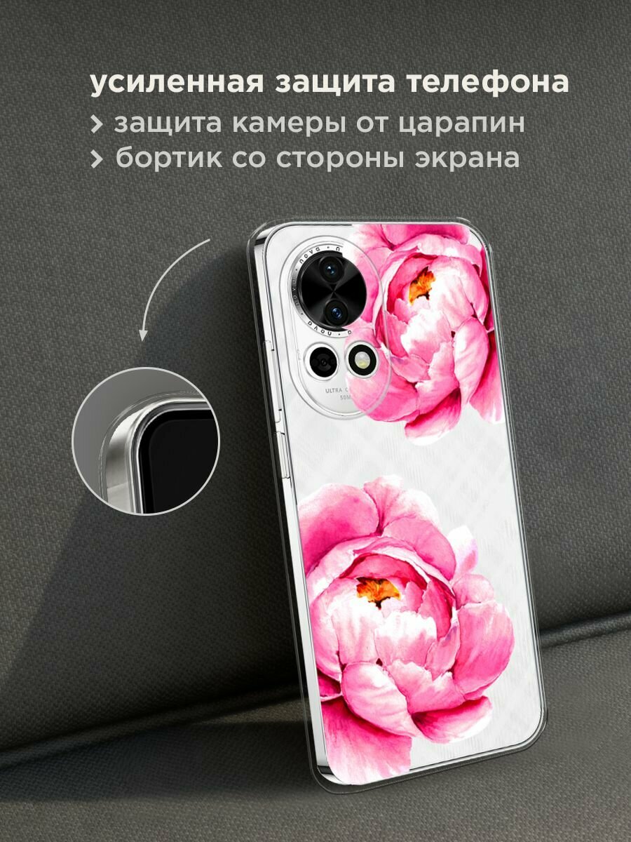 Чехол на Huawei Nova 12/Nova13 / Хуавей Нова 12/Нова 13 с принтом "Open peonies", прозрачный — фото 1