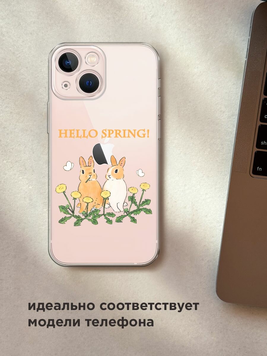 Чехол на Apple iPhone 13 mini / Айфон 13 мини с принтом "Весенние кролики", прозрачный — фото 1
