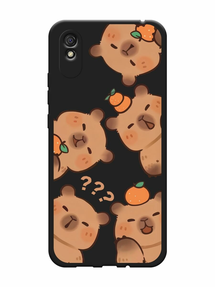 Черный матовый чехол на Xiaomi Redmi 9A / Сяоми Редми 9А с принтом "Милые капибары"