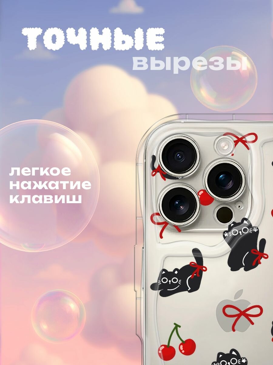 Чехол на Apple iPhone 16 Pro / Айфон 16 Про с принтом "Котик, вишня и бантики" — фото 1