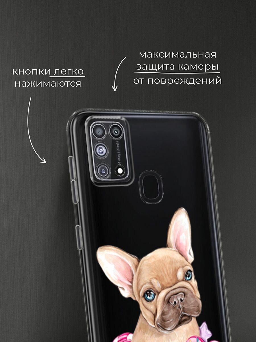 Чехол на Samsung Galaxy M31 / Самсунг Галакси М31 с принтом "Бульдог и сладости", прозрачный — фото 1