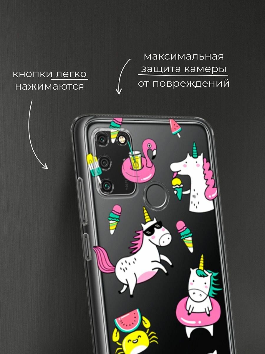 Чехол на Honor 9A / Хонор 9А с принтом "Единороги в отпуске", прозрачный — фото 1