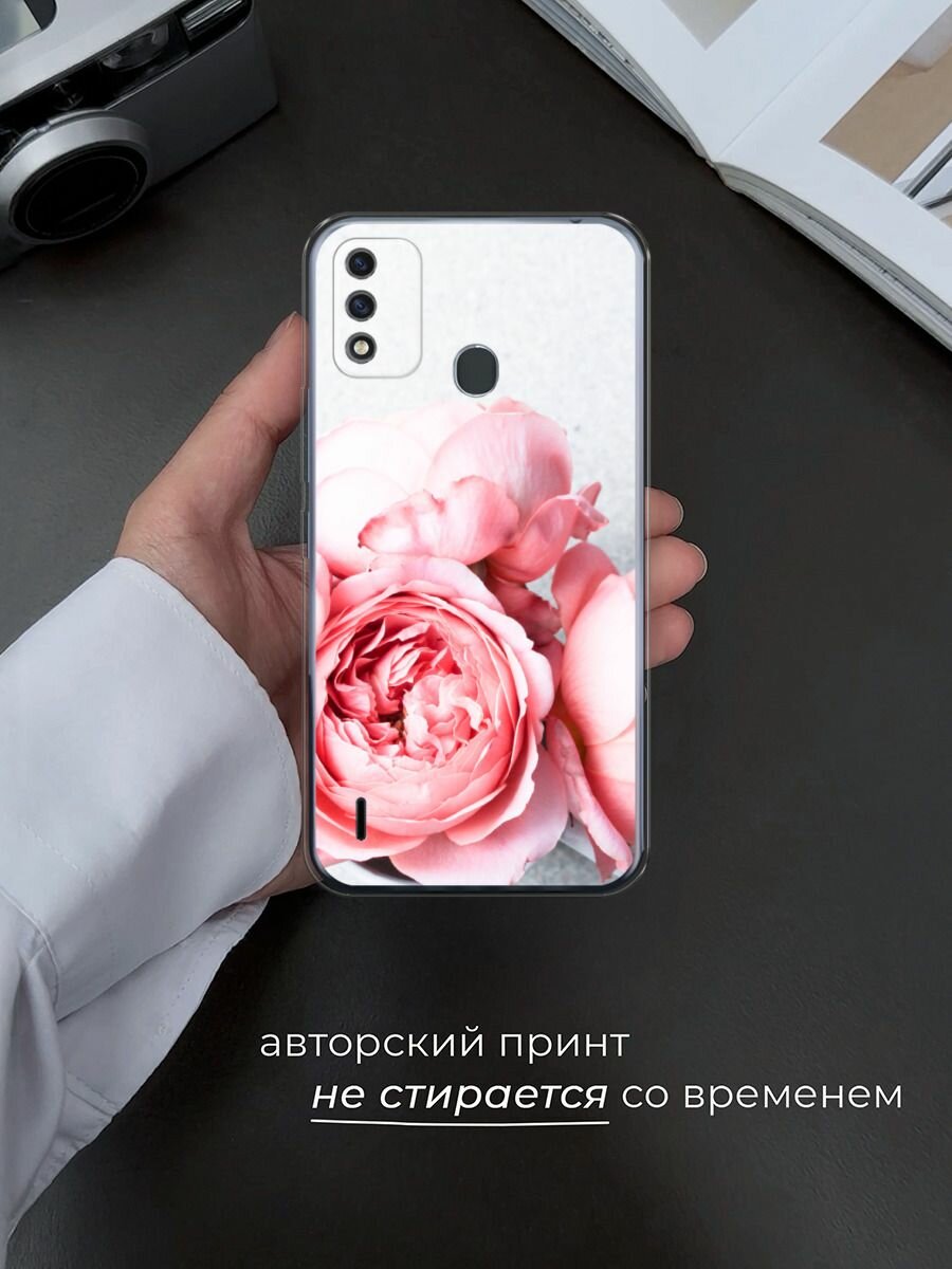 Силиконовый чехол на Itel A48 / Ител А48 с принтом "Пионы на белом" — фото 1