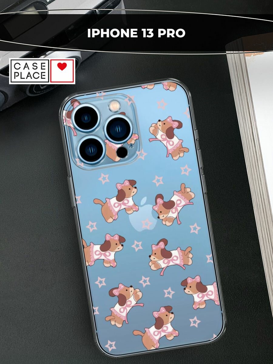 Чехол на Apple iPhone 13 Pro / Айфон 13 Про с принтом "Милый щенок с бантиком", прозрачный