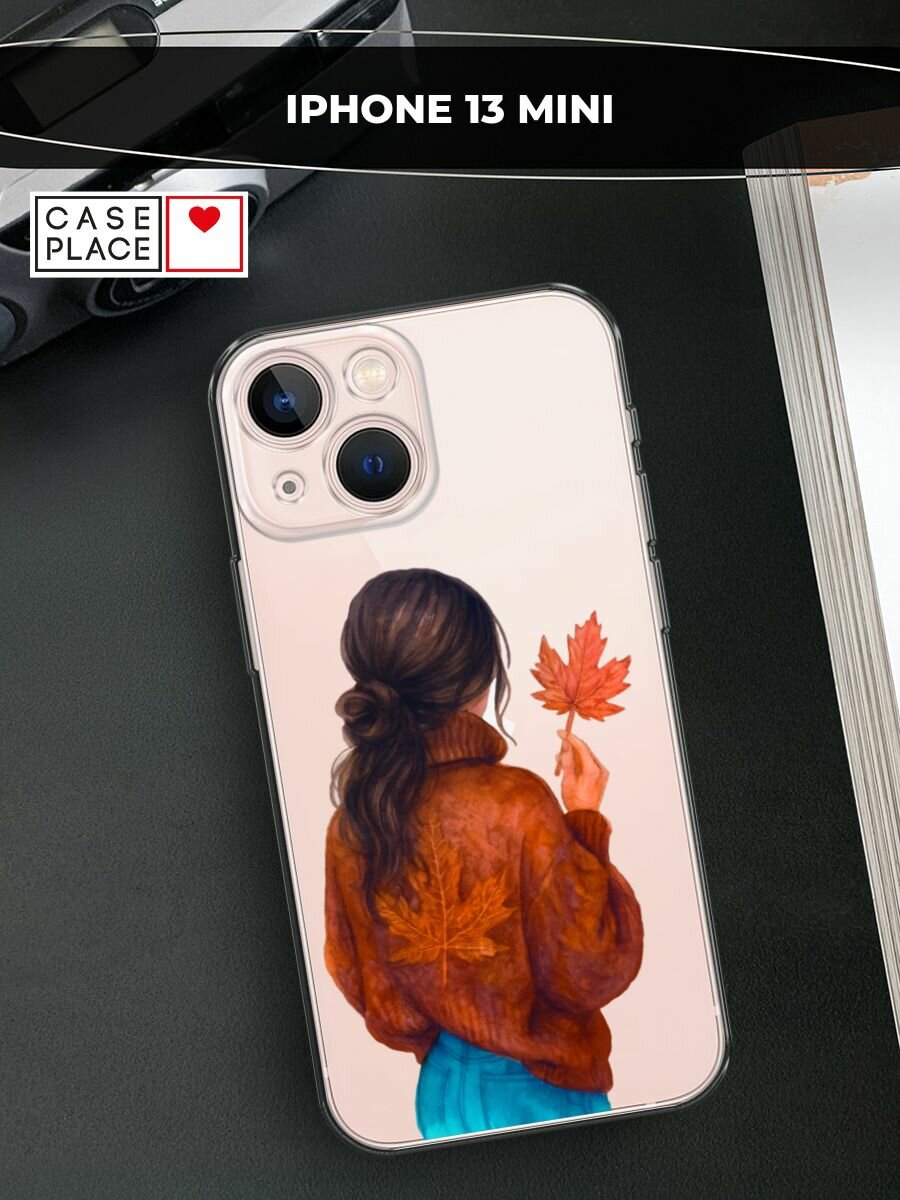 Чехол на Apple iPhone 13 mini / Айфон 13 мини с принтом "Девушка с опавшим листом", прозрачный