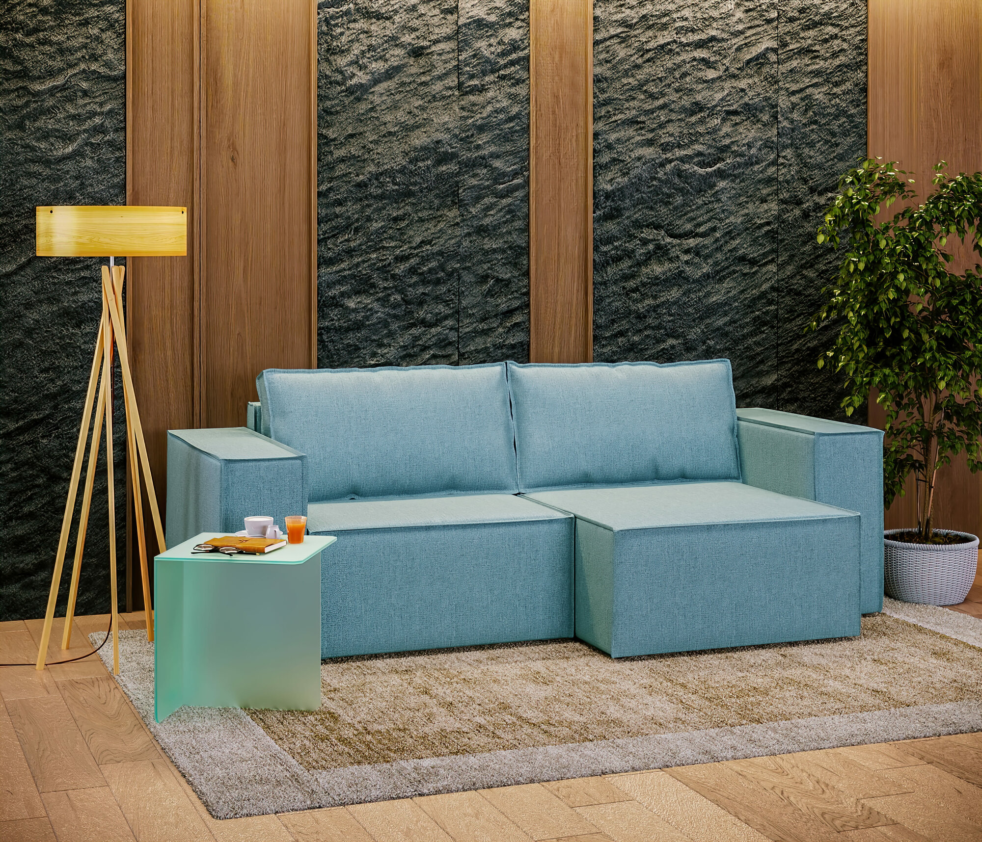 Угловой диван эби, еврокнижка, рогожка саванна плюс минт , ППУ