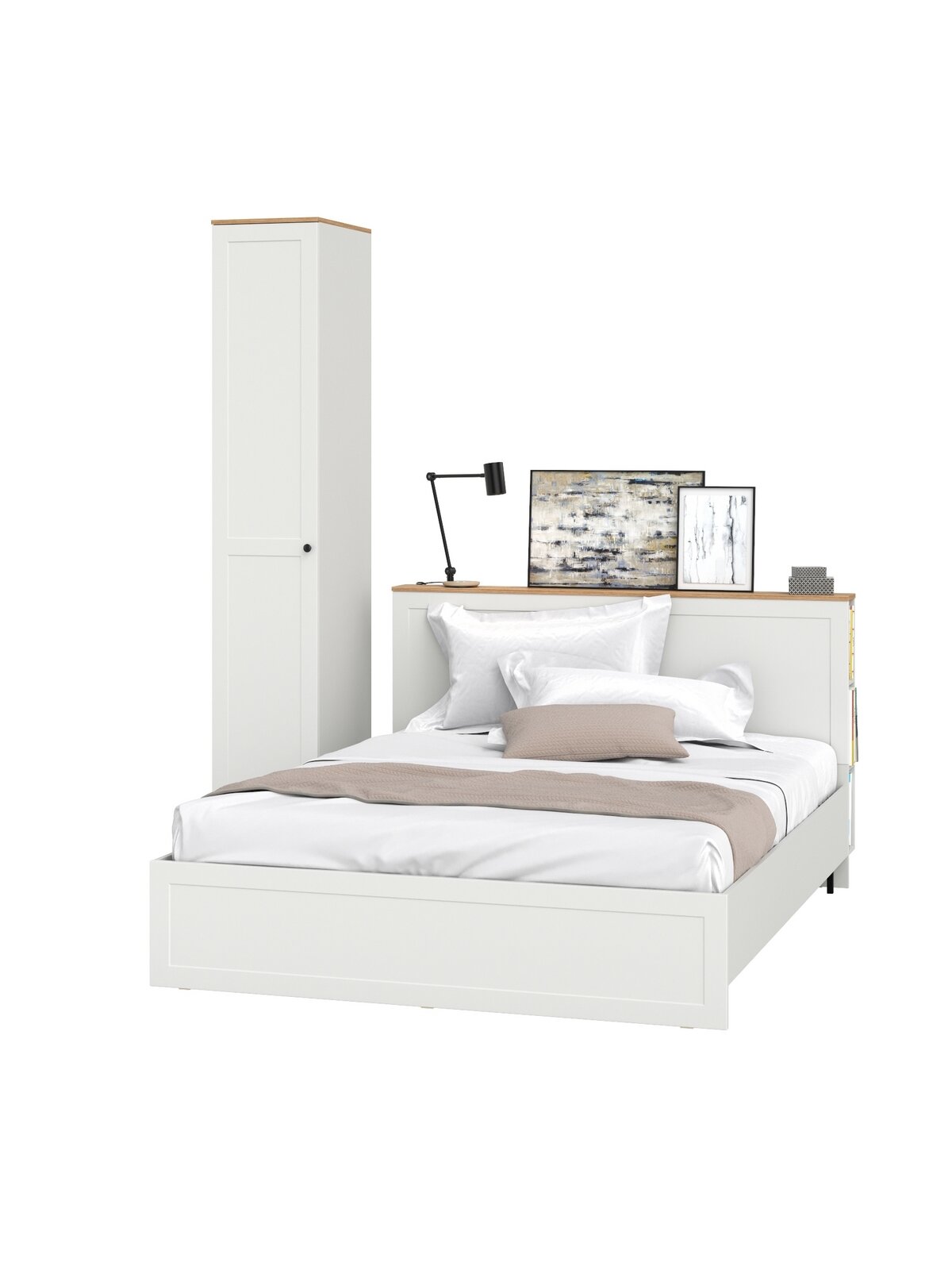 Кровать 1600 с ортопедическим основанием Остин и бельевой шкаф-пенал 13.225, белый шагрень/дуб крафт