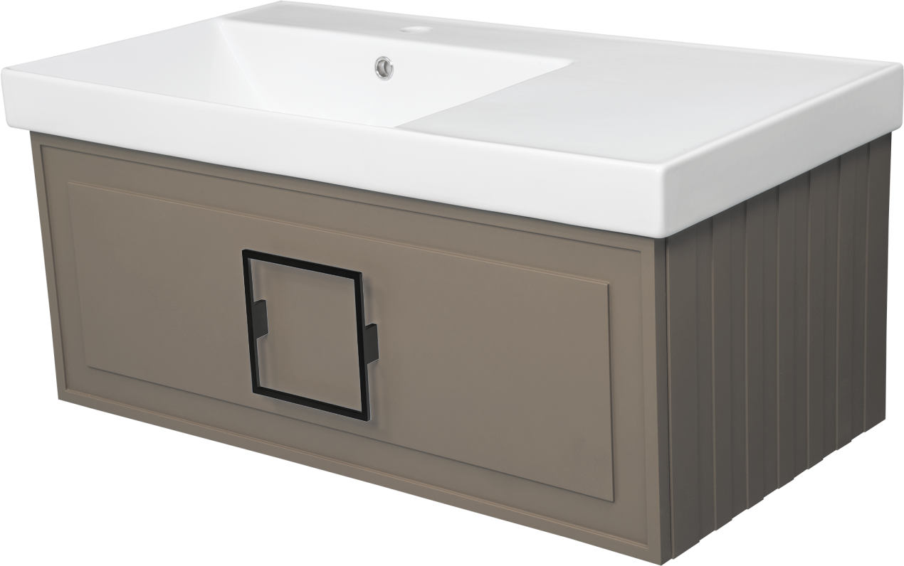 Тумба с раковиной La Fenice Cubo 90 L подвесная, cappuccino, ручка черная, раковина Cubo 90 L