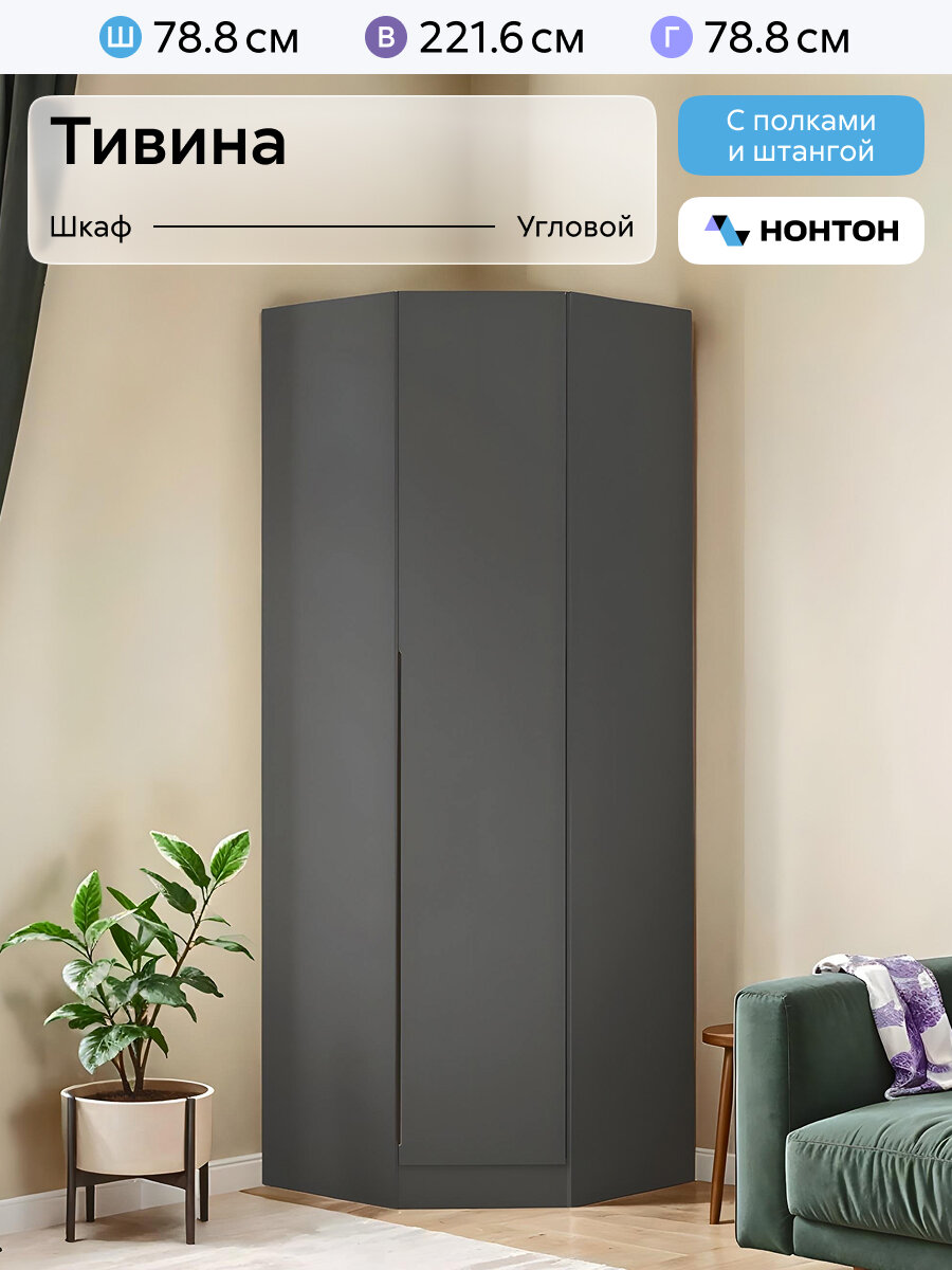 Шкаф угловой для одежды Нонтон Тивина, 78x78x221 см, графит серый