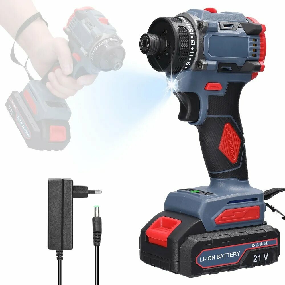 Отвертка аккумуляторная,21V многофункциональный бесщеточный шуруповерт с моментом 55 Нм, одним аккумулятором и зарядным устройством