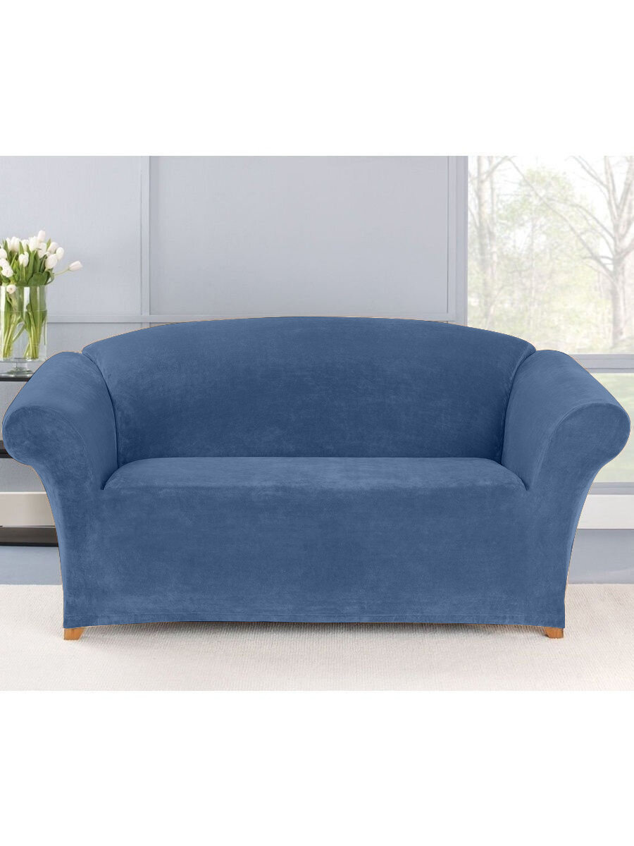 Чехол на двухместный диван Бруклин серо-синий, стрейчевый велюр, Виктория Хоум Декор