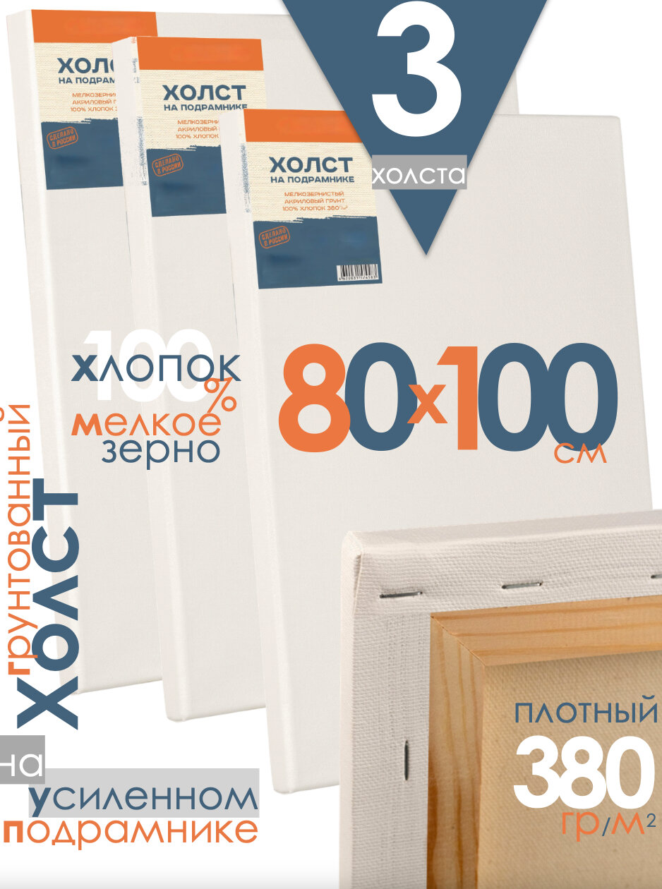 Холст на подрамнике 80х100 см, Комплект 3 шт, хлопок Пинакс, мелкозернистый, 380 гр/м2, артикул SF-ХПХ80100-03