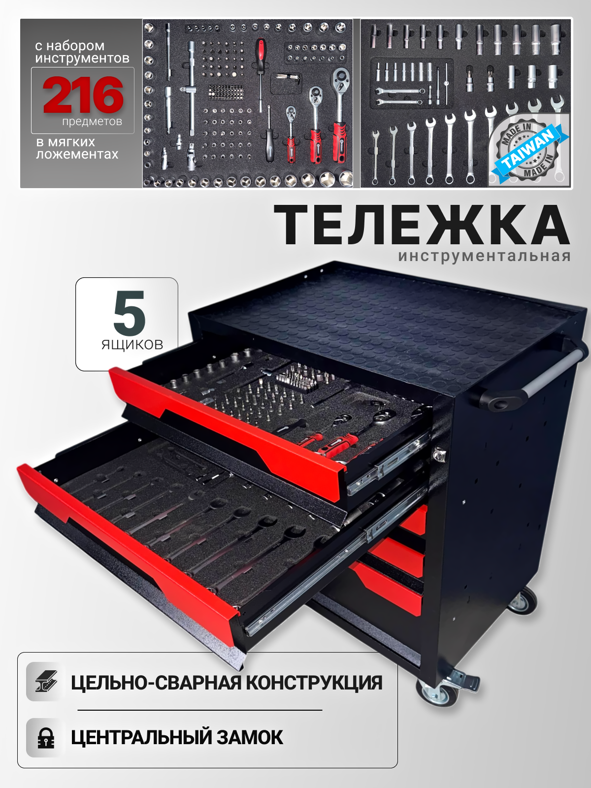 Тележка инструментальная с замком и набором инструментов FORCE KRAFT 216 предметов в Мягких ложементах