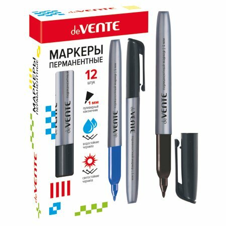 Маркер " deVente " черный, 1мм, пулевидный наконечник, перманентный, количество: 12 штук