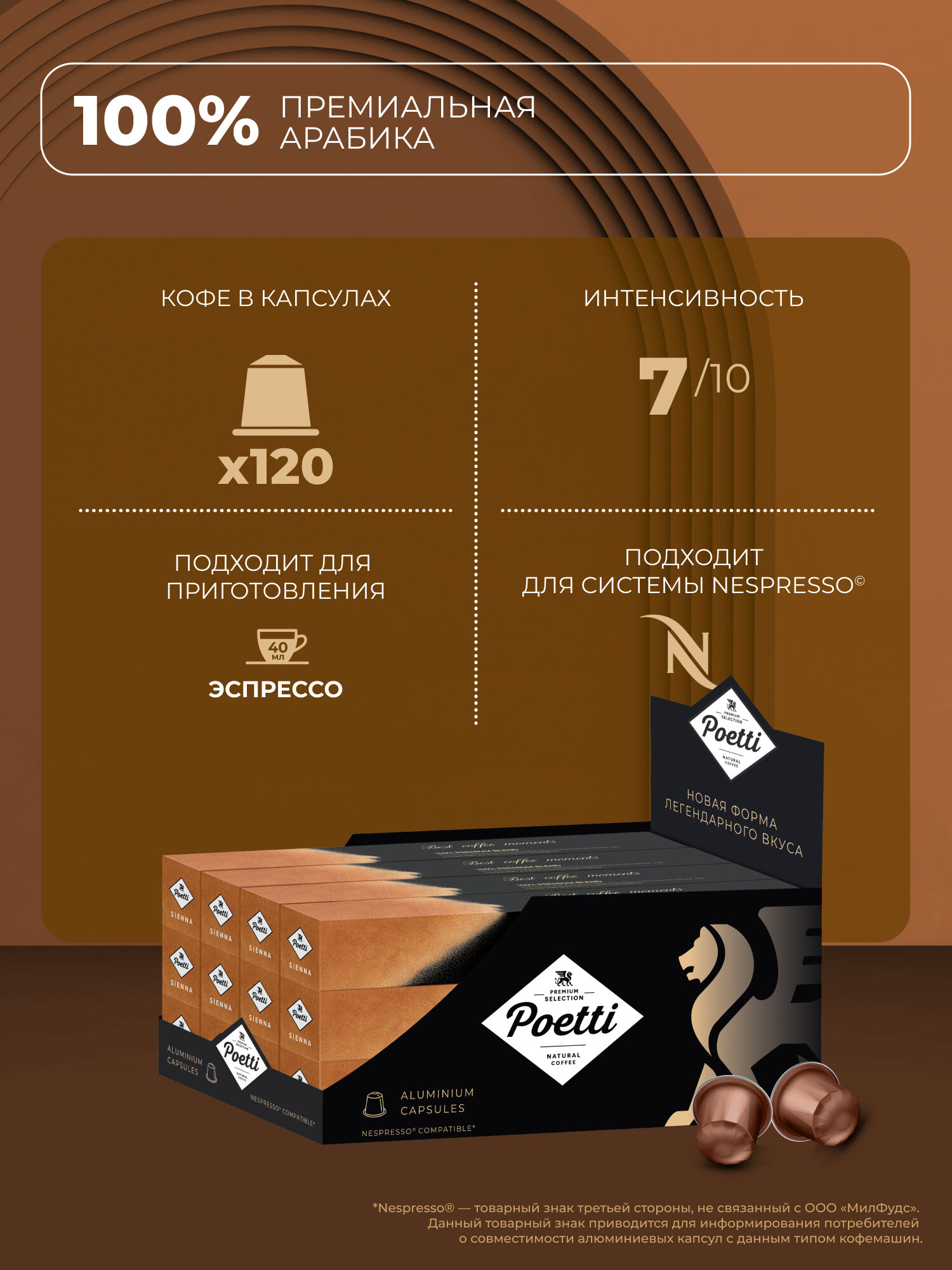 Кофе в капcулах Poetti Leggenda Sienna, 120 капсул (системы Nespresso)