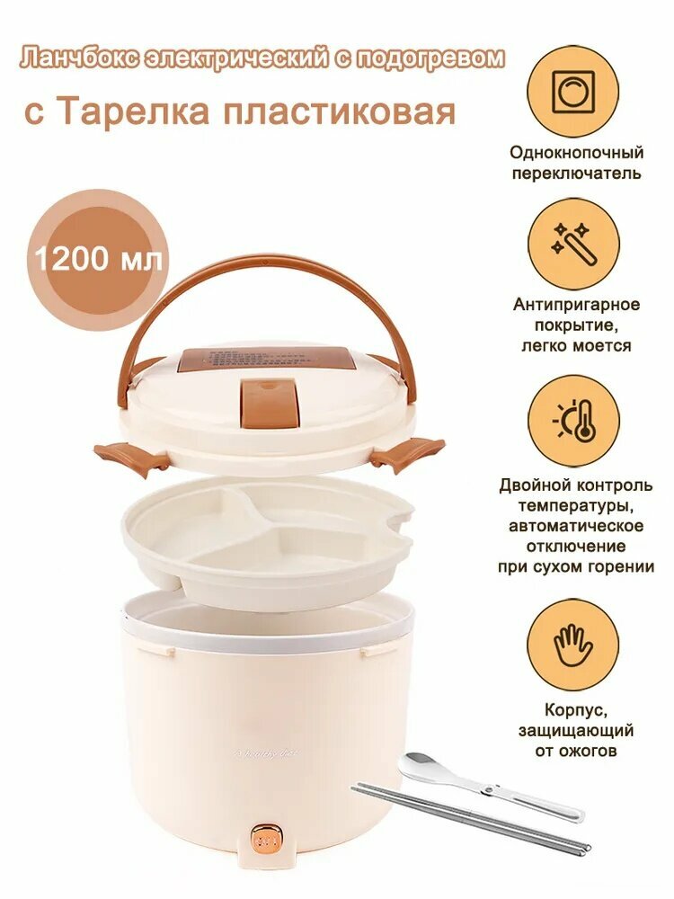 Электрический ланч-бокс с подогревом, герметичный контейнер для пищи с функцией термоса и подогрева еды, Чаша с столовыми приборами и Тарелка пластиковая секционнаяосуда