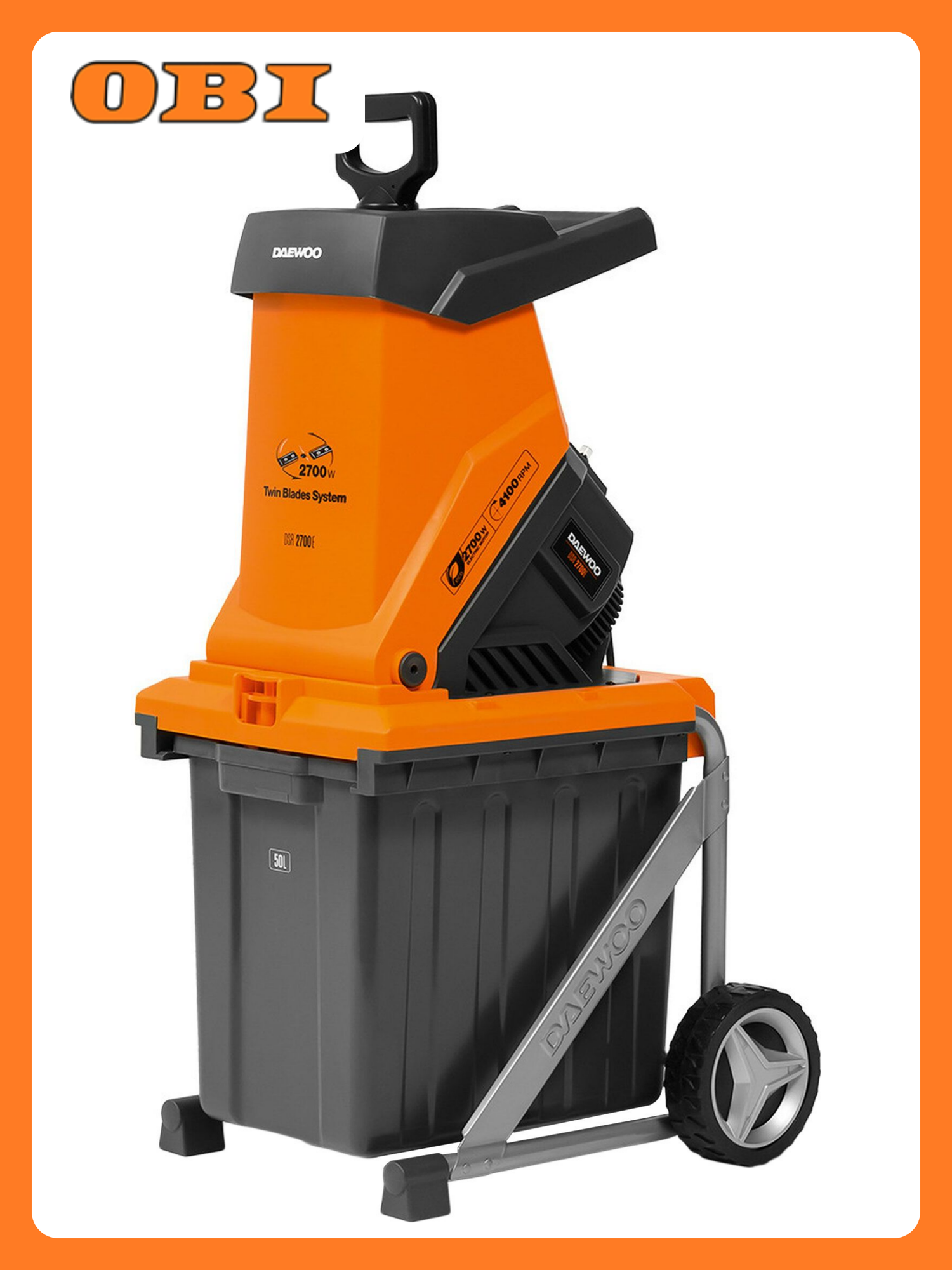 Садовый измельчитель DAEWOO "DSR 2700E", электрический, режущие ножи, контейнер 50 л