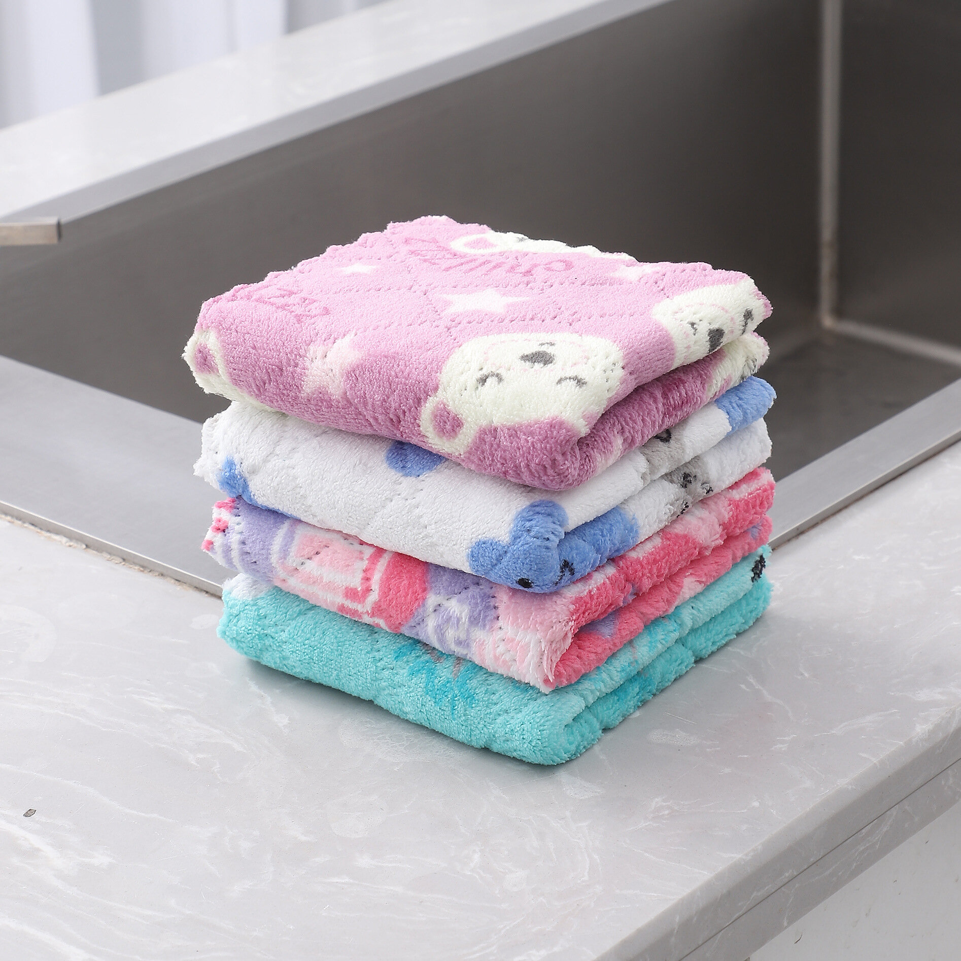 Мультфильм печатных коралловый флис ткань двойной толстый впитывающий кухня чистое масло-бесплатно посудомоечное