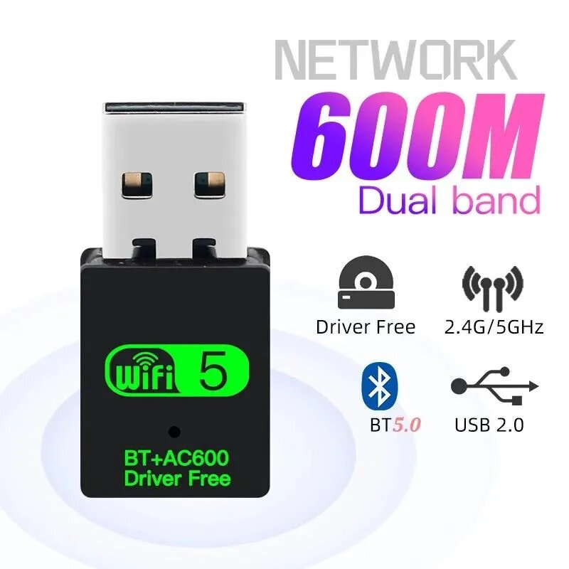 600 Мбит/с USB WiFi адаптер Bluetooth 5.0 2-в-1 двухдиапазонный 2,4 ГГц / 5 ГГц для ноутбука / ПК Беспроводная локальная сеть Ресивер Без драйвера