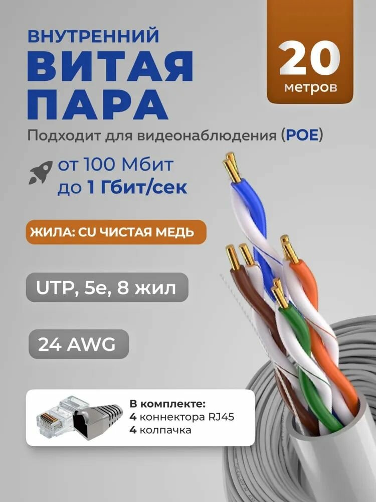 Витая пара кабель 20 метров, витая пара медь, UTP 5e, 4pr, 8 жил