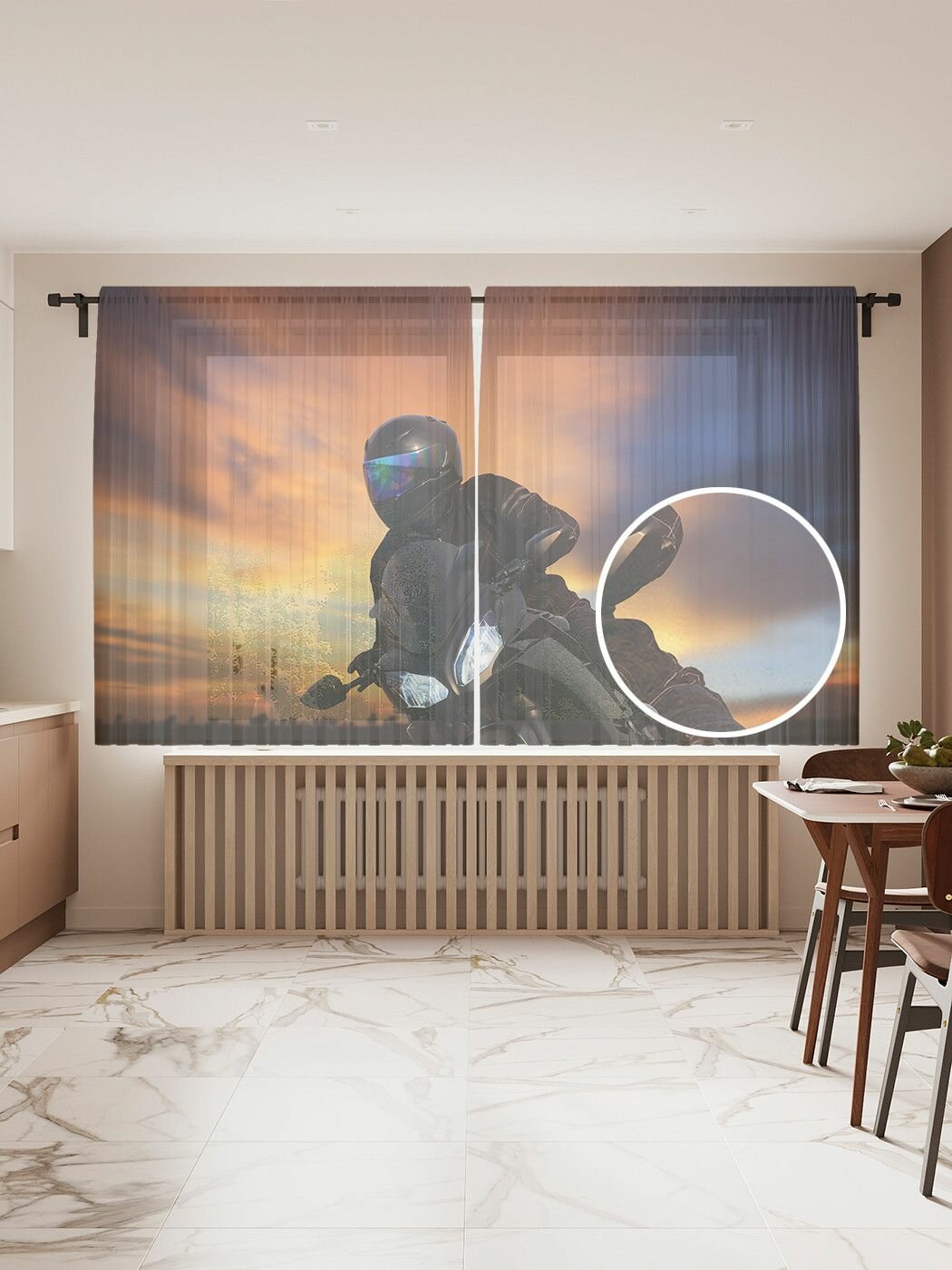 Тюль, фототюль короткий JoyArty "Мотоциклист под небом" высота 180 см, ширина 145 см (2 полотна) на шторной ленте, крючки в комплекте