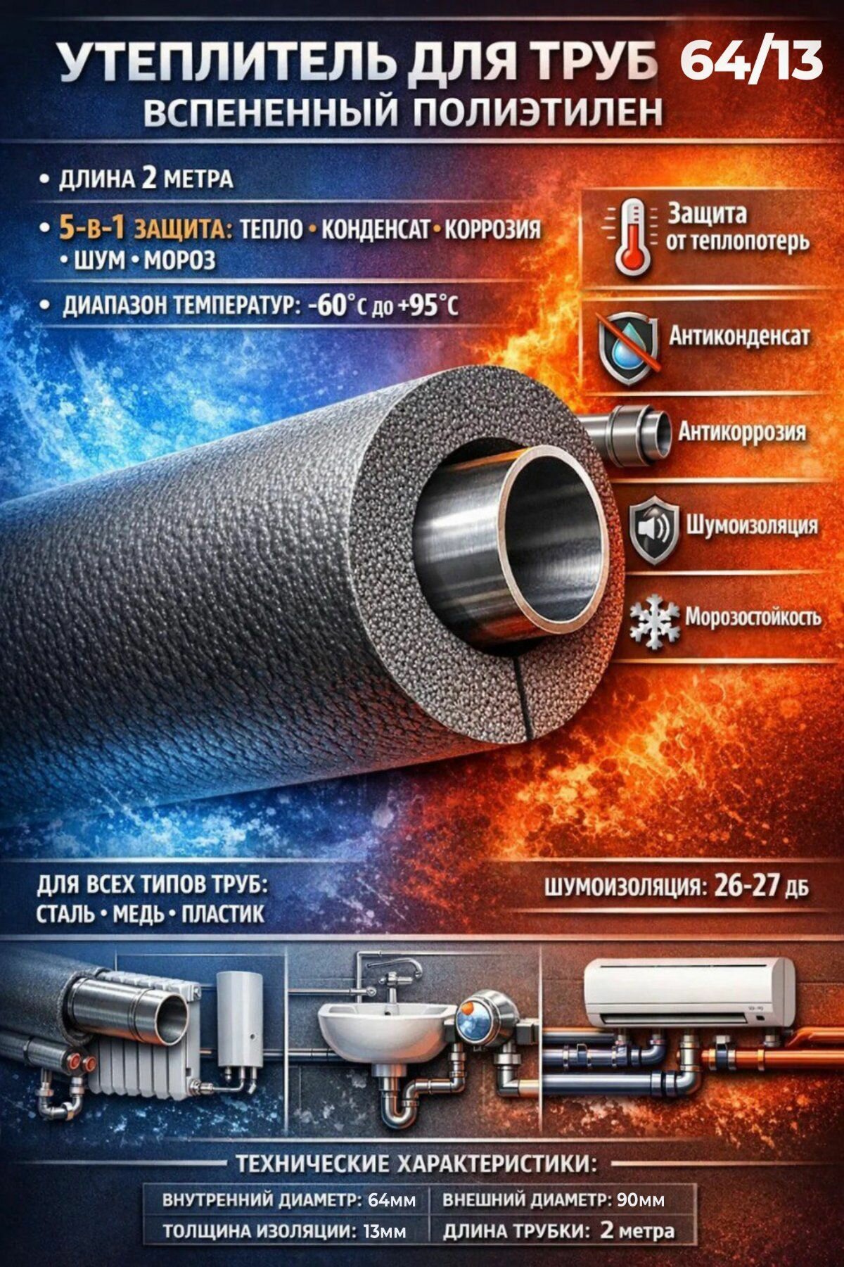 Утеплитель для труб 64/13 - 2 метра (1шт) / вспененный полиэтилен / теплоизоляция / звукоизоляция