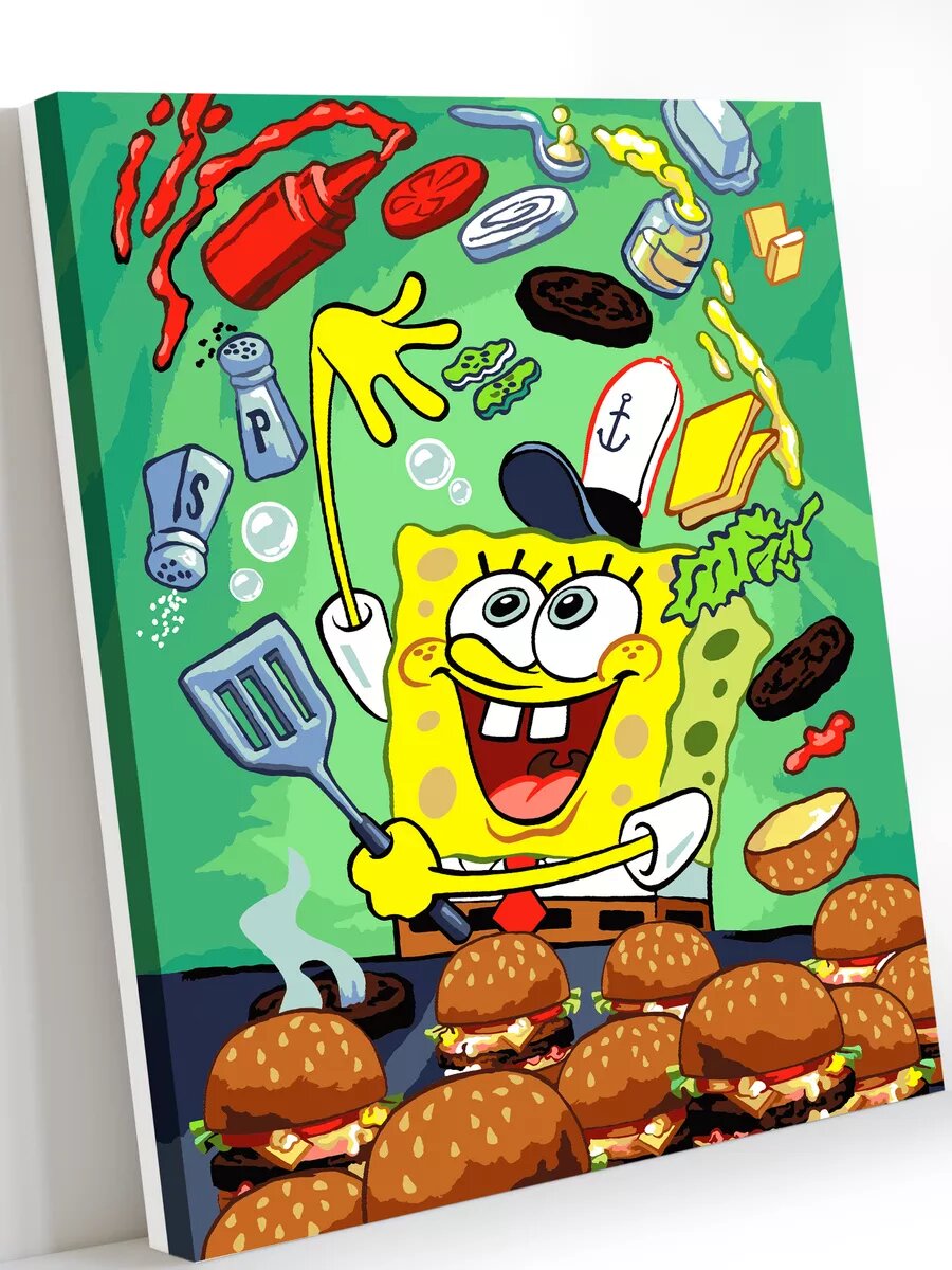 Картина по номерам на холсте с подрамником 40х50 см Губка Боб на кухне