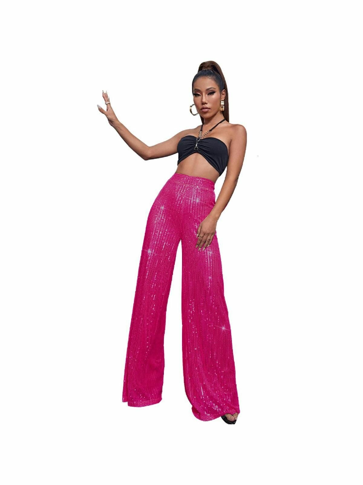 Блестящие женские брюки-клеш, Розово-красный - S