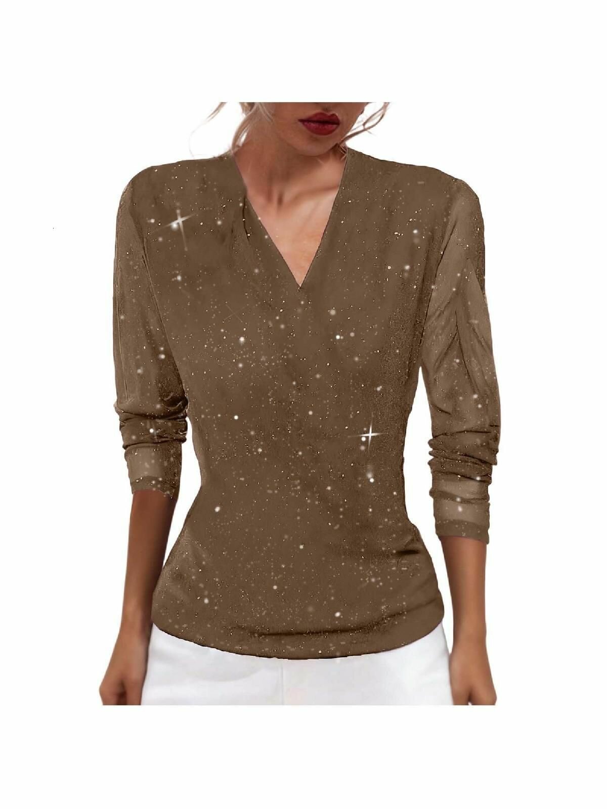 Блестящая блузка с V-образным вырезом и длинными рукавами, Цвет Хаки - XXXXL