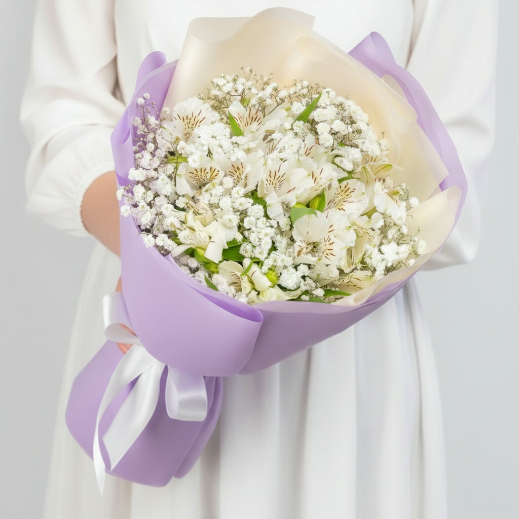 Букет "Альстромерии Белые и Гипсофилы Белые" размер S