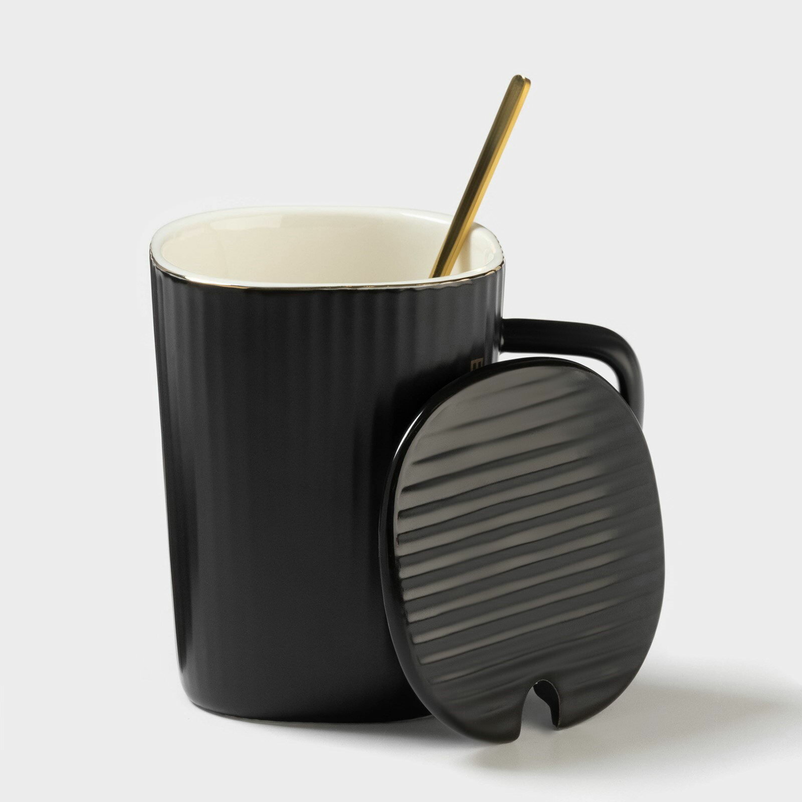 Кружка Elegant, 320 мл, 11.5x8x10.5 см, с крышкой и ложкой, керамика, чёрная
