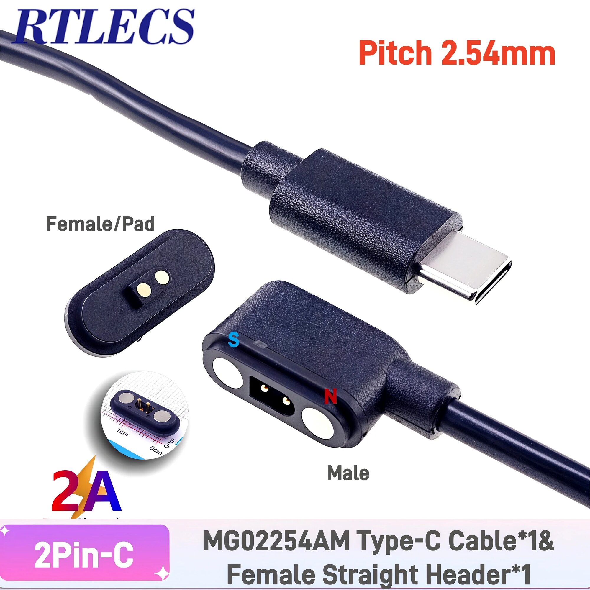 RTLECS USB-C кабель магнитный 2Pin, 2.54mm