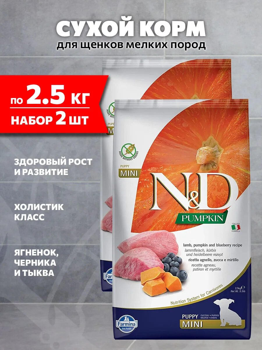 Корм сухой Farmina Dog N&D Grain Free Pumpkin Puppy Mini Lamb & Blueberry беззерновой для щенков мелких пород, ягненок, черника, тыква, 2,5 кг 2 шт
