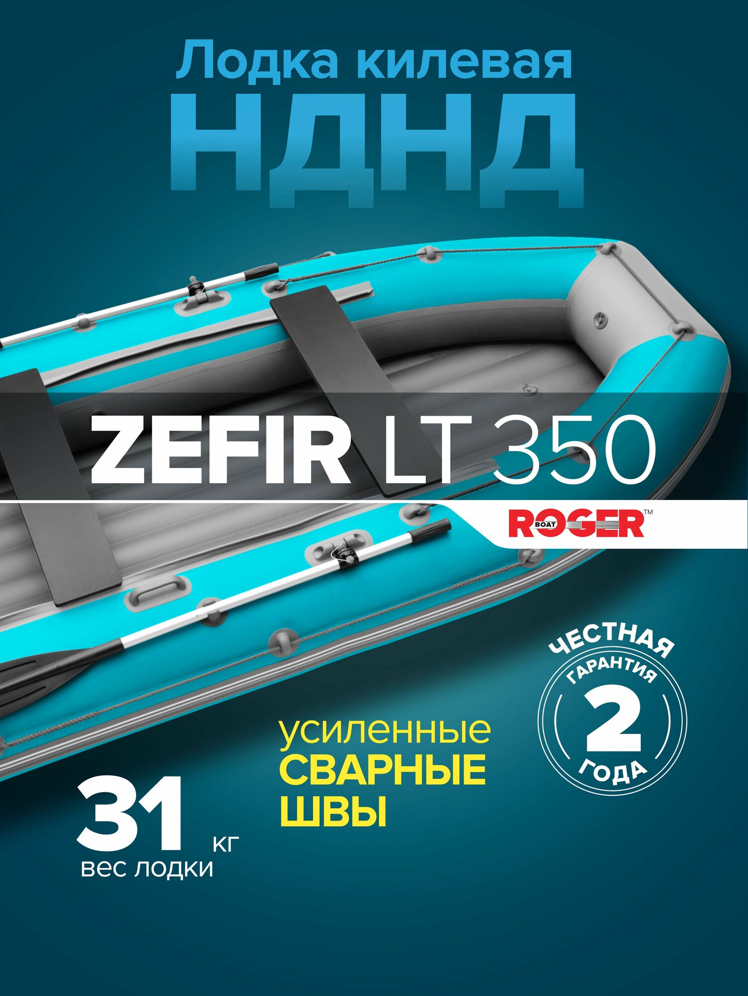 Лодка ПВХ под мотор ROGER Zefir 350 LT, лодка надувная для рыбалки роджер НДНД киль (бирюзовый - серый)