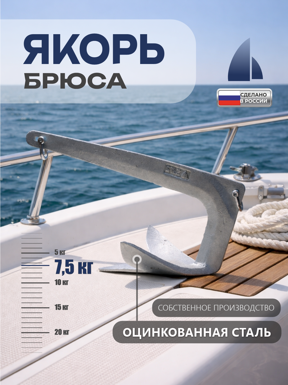 Якорь Брюса 7,5 кг оцинкованный, бесштоковый, надёжный, для разных судов в комплекте с двумя скобами