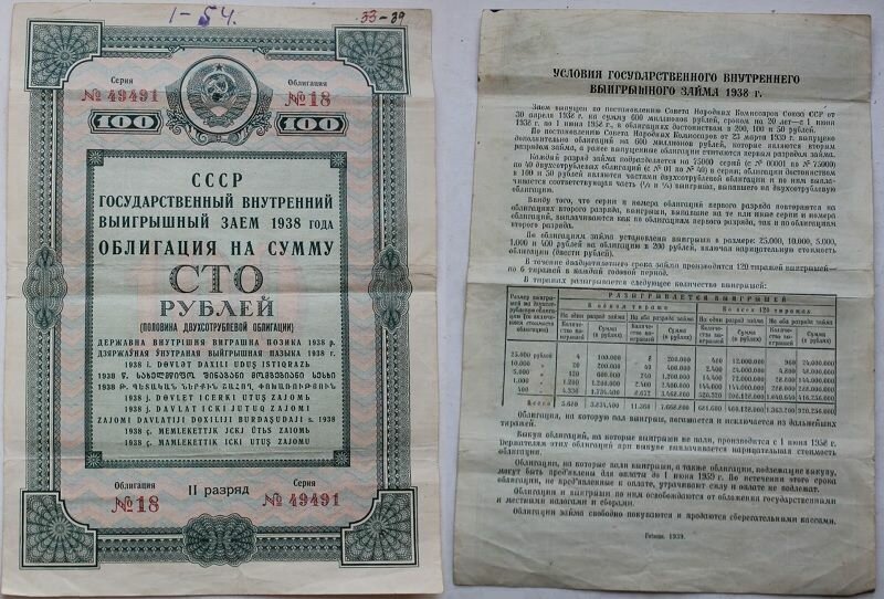 1938 Облигация СССР 1938 год 100 рублей Государственный выигрышный заём F