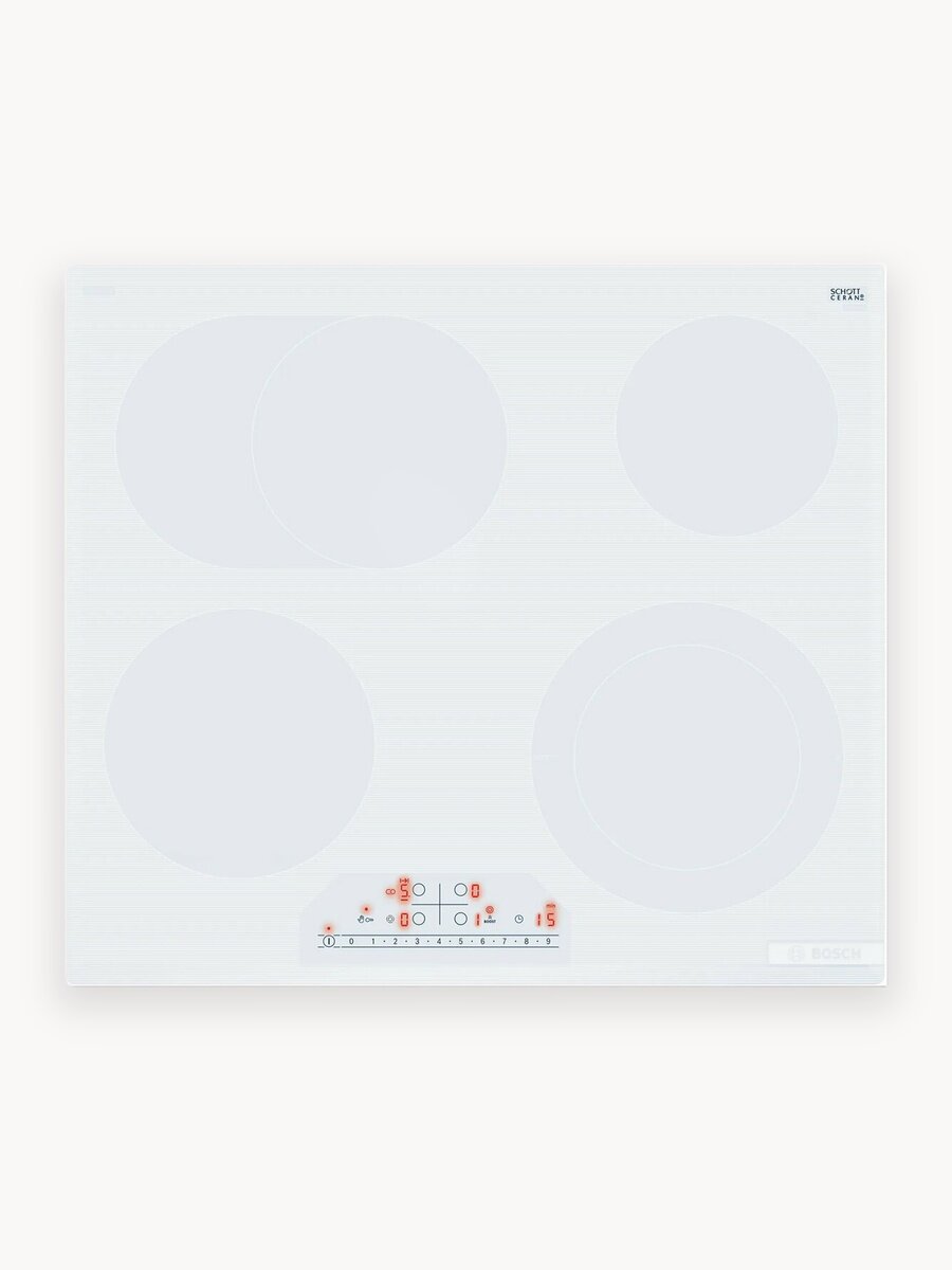 Bosch Электрическая варочная панель PKN652FP2E, Serie 6, 8300 Вт, 4 конфорки, 17 уровней мощности, ReStart, белая