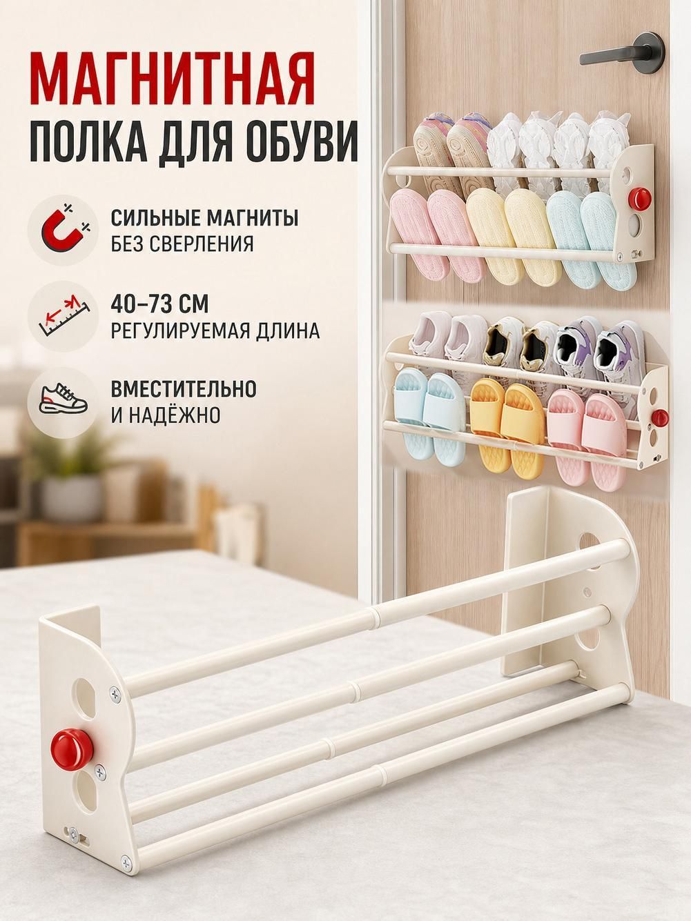Телескопическая полка для обуви настенная магнитная, двухъярусная раздвижная обувница без сверления 40 73 см