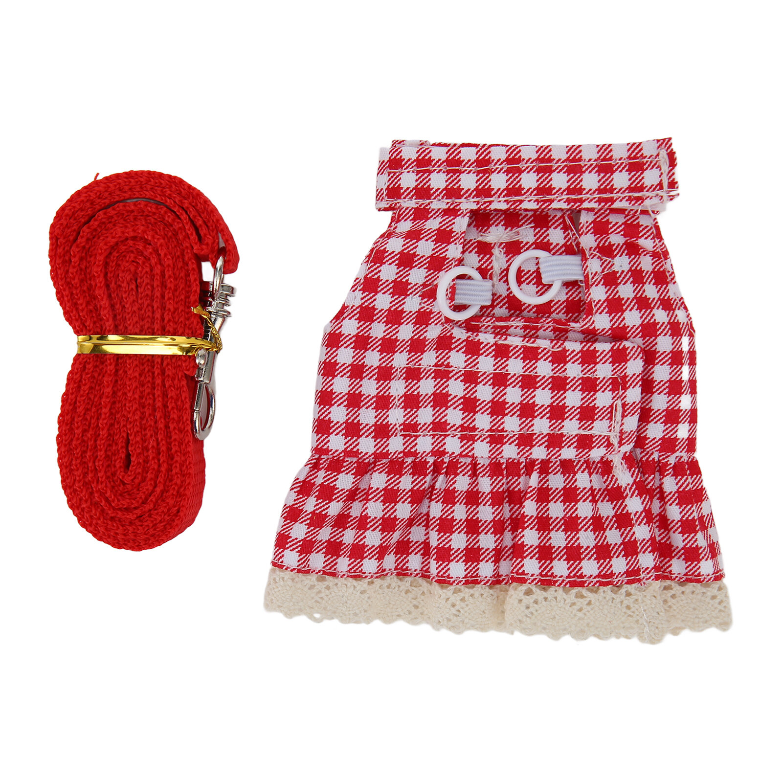 Комплект поводка-шлейки для кролика, регулируемый, мягкий, удобный, с противоскользящим шнурком для ежедневных прогулок с маленьким животным, размер S, красная клетка.