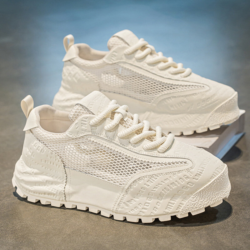 Мужская обувь Европейская станция 2025 летние дышащие сетчатые туфли для папы легкие роскошные высококачественные увеличивающие рост белые туфли на толстой подошве мужские туфли