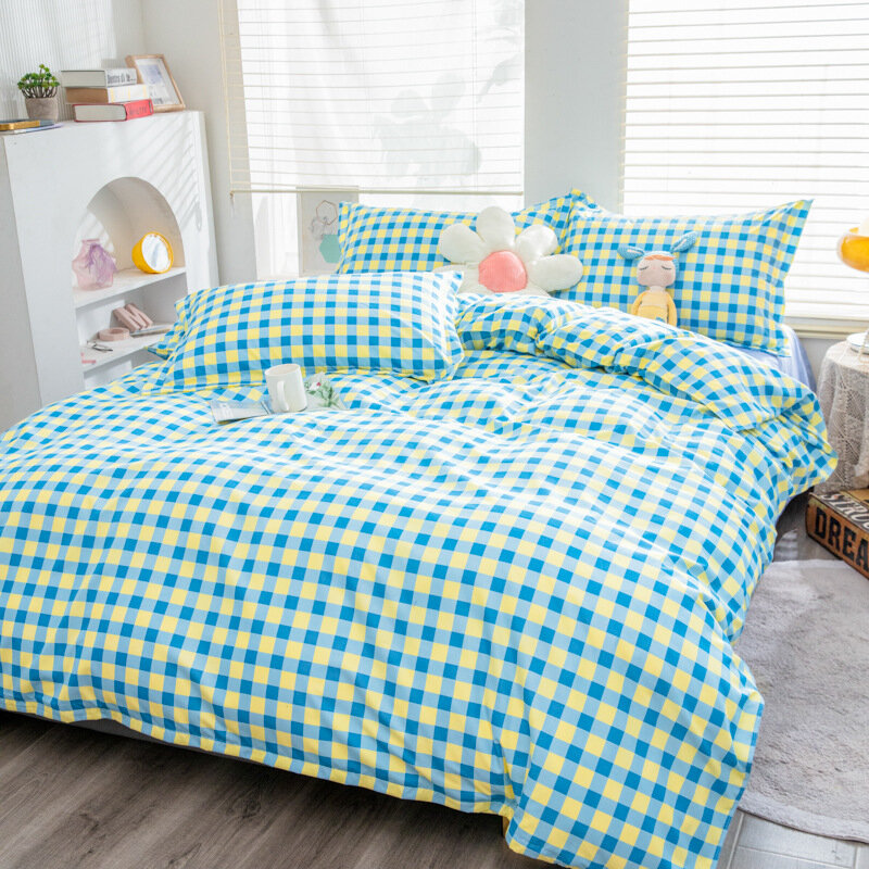Комплект постельного белья евро из хлопка 180х220 см, 4 предмета, клетка, синий/желтый для дома и общежития